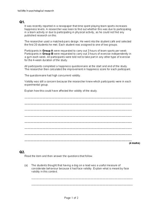 Validity Exam Practice Validity In Psychological Research Q1 It Was Recently Reported In A