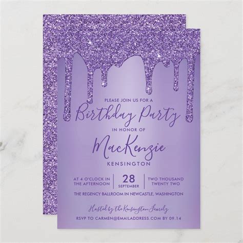 Purple Sparkle Glitter Drips Any Year Birthday Invitation Zazzle