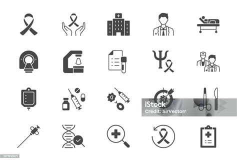 암 치료 플랫 아이콘 벡터 일러스트는 아이콘을 포함 화학 요법 방사선학 의사 호르몬 종양학 클리닉을위한 Mri 진단 글리프 실루엣 그림 아이콘에 대한 스톡 벡터 아트 및