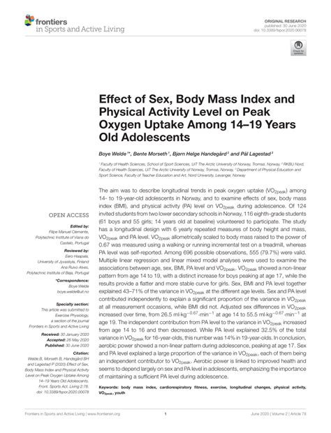PDF Effect Of Sex Body Mass Index And Physical Activity Level On Peak Oxygen Uptake Among 14