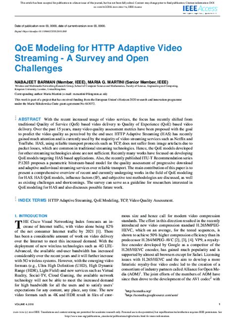 Pdf Qoe Modeling For Adaptive Video Streaming A Survey And Open Challenges