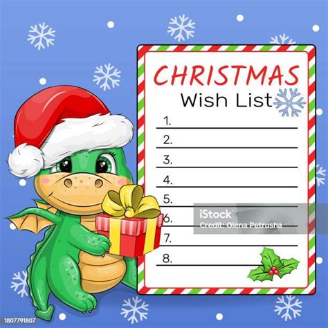 귀여운 만화 녹색 용 산타 모자 와 선물 와 크리스마스 위시리스트 겨울에 대한 스톡 벡터 아트 및 기타 이미지 겨울 공휴일 귀여운 Istock