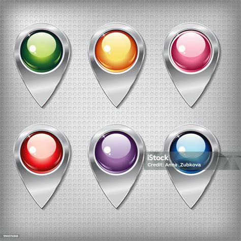 Ilustración De Set De Punteros De Mapa Metálica Con Botones De