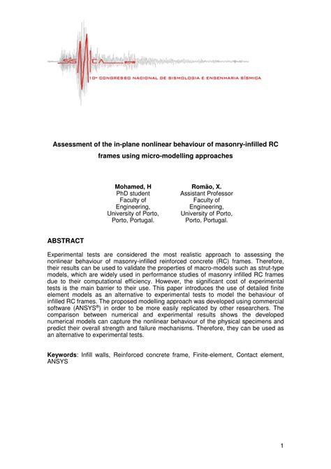 Pdf Assessment Of The In Plane Nonlinear Behaviour Of Masonry Infilled Rc Frames Using Micro