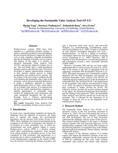 Pdf Developing The Sustainable Value Analysis Tool Svat
