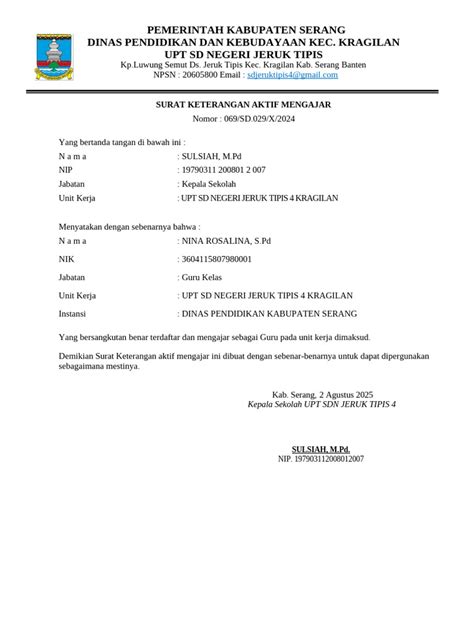 Surat Keterangan Aktif Mengajar Guru Sd Pdf