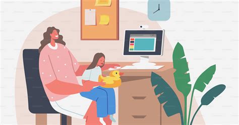 자가 격리 리틀 베이비와 함께하는 원격 근무 젊은 사업가 캐릭터 무릎을 꿇고 장난감을 들고 앉아 있는 딸과 함께 Pc에서 작업합니다 여자는 재택 근무를 한다 만화