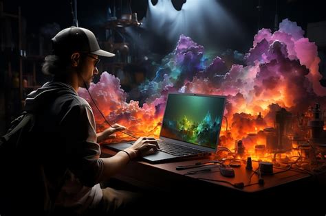 Premium Ai Image Hacker Sitting At The Computer Cyber Security And Antispyware Concept Ai