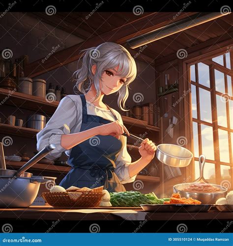 Cute Anime Girl Cooking In The Kitchen Scene Generative Ai Stock