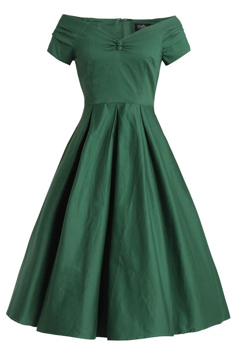 Lily Dark Green Off Shoulder Dress Stylish 50s Clothing