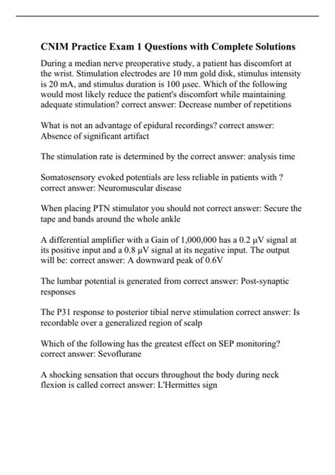 CNIM Practice Exam 1 Questions With Complete Solutions Cnim Stuvia US