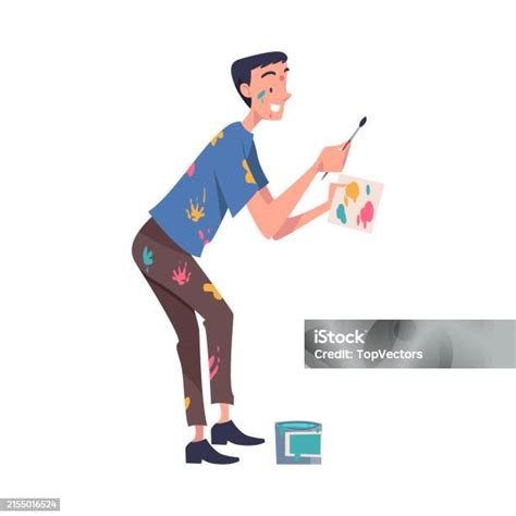행복하다 남자 캐릭터 에서 색깔 페인트 와 얼룩 통하고 있는 옷 재미 벡터 일러스트 공예에 대한 스톡 벡터 아트 및 기타 이미지