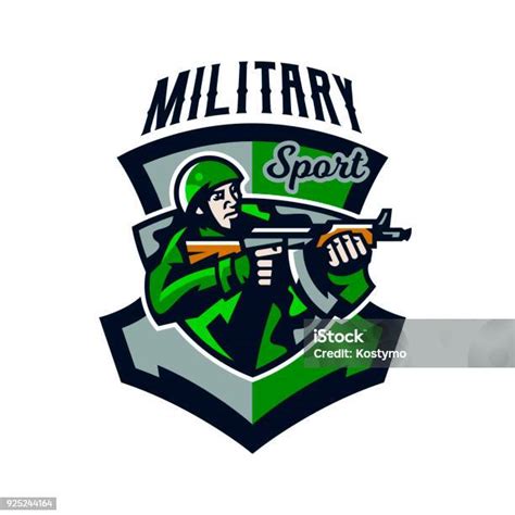 다채로운 기호 배지 기관단총에서 촬영 하는 군인의 상징 군인 제복 헬멧 머신 건 군사 무기 위장 마스코트 방패 스포츠 정체성 벡터 일러스트 레이 션 개성 개념에 대한 스톡