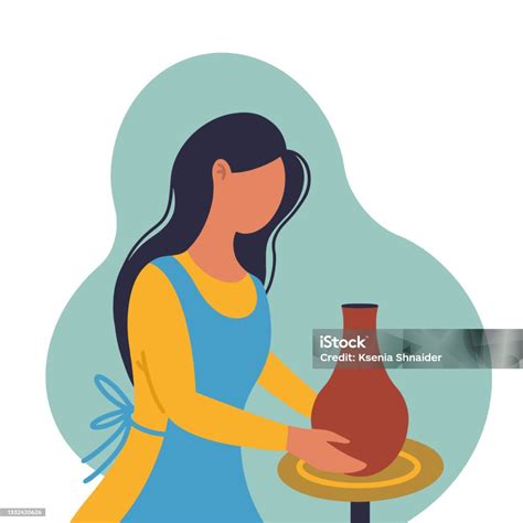 포터 걸 한 여성이 도공의 바퀴 뒤에 점토에서 화병을 조각합니다 흰색 배경에 조각가의 벡터 그림입니다 작가는 세라믹 냄비를 만듭니다 Diy 공예 플랫 스타일 컬러 클립아트