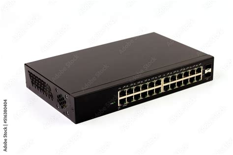 Port Gigabit Switch Black Color Isolated On White Background Components To Create Local Area