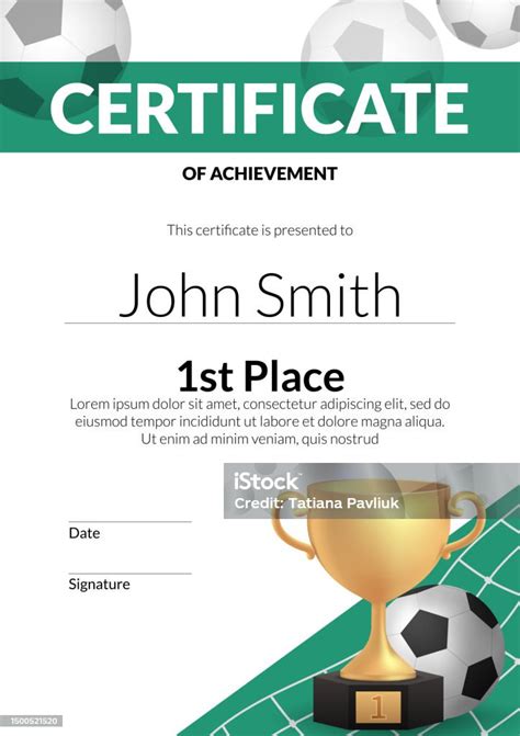 인증서 템플릿에 있는 축구 골든 컵 트로피의 벡터 그림으로 업적과 인정을 나타냅니다 스포츠 선수권 대회 졸업 행사 및 시상식 디플로마 Championship에 대한 스톡