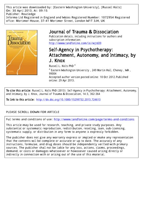 Pdf Self Agency In Psychotherapy Attachment Autonomy And Intimacy