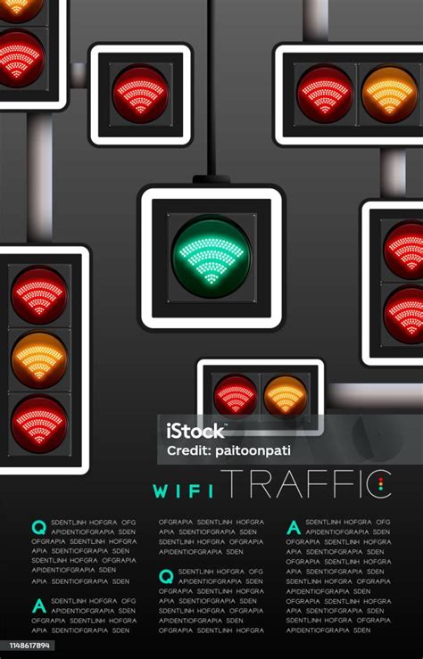 와이파이 기호 무선 인터넷 연결 개념 포스터 또는 전단지 템플릿 레이아웃 디자인 일러스트 레이 션을 가진 Led 교통 신호등 회색 그라데이션 배경과 복사 공간 벡터 Eps