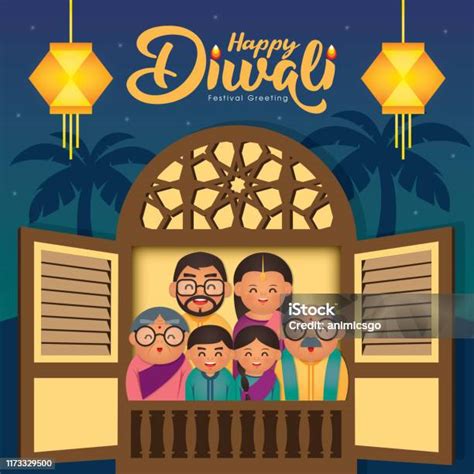 해피 인디언 가족과 함께 디왈리 디파 발리 벡터 일러스트레이션은 축제를 축하합니다 가족에 대한 스톡 벡터 아트 및 기타 이미지