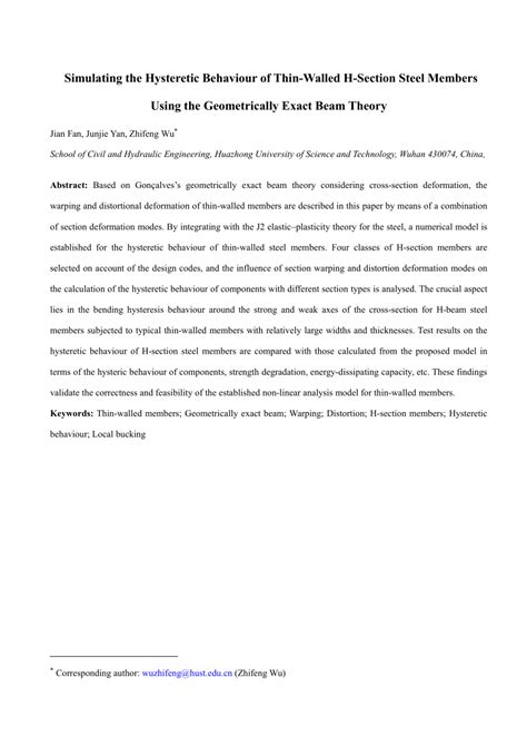 Pdf Simulating The Hysteretic Behaviour Of Thin Walled H Section Steel Members Using The