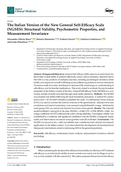 Pdf The Italian Version Of The New General Self Efficacy Scale Ngses Structural Validity