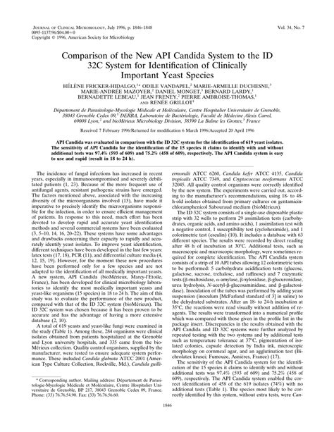 Pdf Comparison Of The New Api Candida System To The Id 32c System For Identification Of