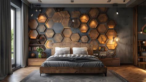 Luxury Modern Bedroom With Hexagonal Wooden Wall Design Stock Image Image Of Hexagonal