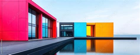 Innovation Center Flat Design Side View Modern Architecture Theme Water Color Triadic Color