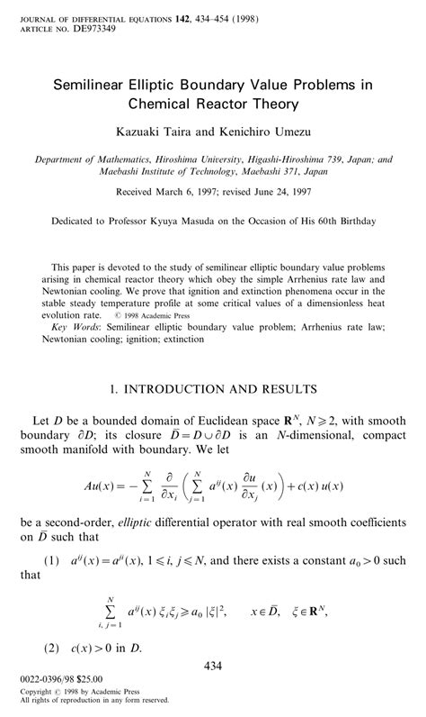 Pdf Semilinear Elliptic Boundary Value Problems In Chemical Reactor