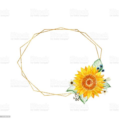 해바라기와 잎의 요소와 골드 프레임 해바라기 의 꽃다발 수채화 꽃 배열 초대장 및 엽서 에 대한 그림 0명에 대한 스톡 벡터 아트 및 기타 이미지 Istock
