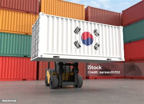 대한민국 국기가 있는 지게차 리프팅 컨테이너 클리핑 경로 0명에 대한 스톡 사진 및 기타 이미지 0명 경쟁 공장 산업 건물 Istock