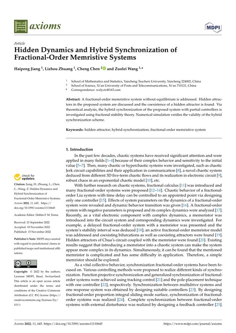 Pdf Hidden Dynamics And Hybrid Synchronization Of Fractional Order Memristive Systems