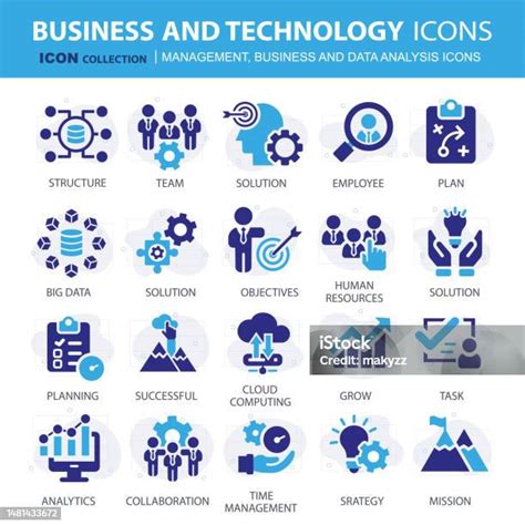 비즈니스 데이터 분석 조직 관리 및 기술 아이콘 세트입니다 팀워크 전략 계획 마케팅 클라우드 기술 데이터 분석 직원 아이콘 세트 아이콘 벡터 컬렉션 감시에 대한 스톡 벡터