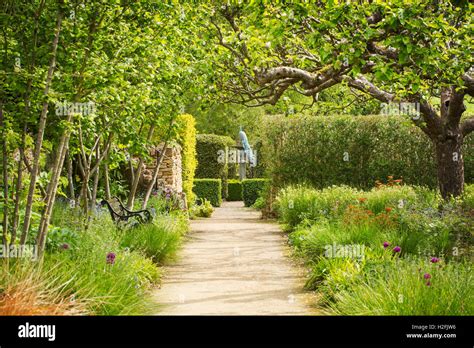 A Path Between Flower Borders In A Garden With Trees In Flower And Hedges For Shelter A