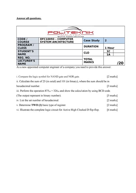 CS Dis CSA Exercise Answer All Questions CODE COURSE DFC COMPUTER SYSTEM