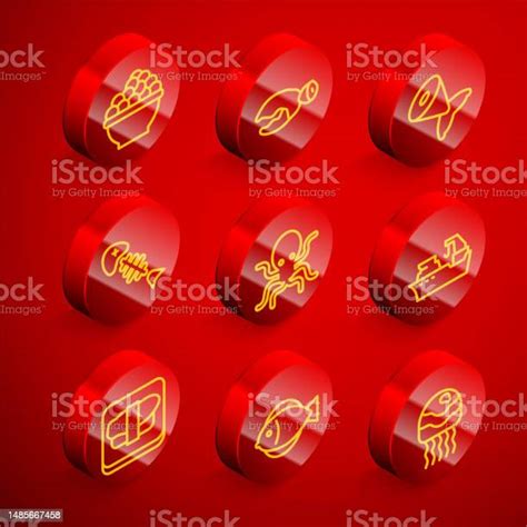 캐비어 랍스터 또는 게 발톱 물고기 꼬리 해골 문어 낚시 보트 스시 도마 및 아이콘을 설정합니다 벡터 3차원 형태에 대한 스톡 벡터 아트 및 기타 이미지 Istock