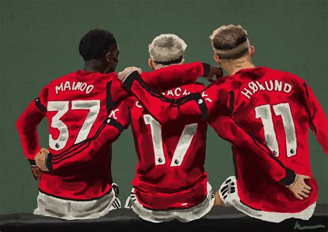 A3 Print Of Portrait Of Kobbie Mainoo Alejandro Garnacho And Rasmus Hojlund Of Manchester