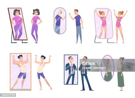 거울 보기 남자와 여자 자기 보기 반사 자기 중심적인 피팅 옷 뚱뚱하고 날씬한 캐릭터 정확한 벡터 삽화 가냘픈에 대한 스톡 벡터 아트 및 기타 이미지 Istock