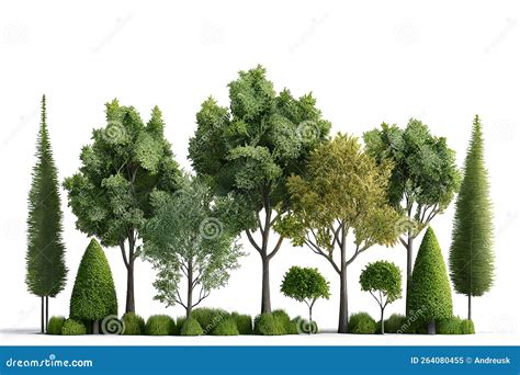 Trees Line Garden Isolated On White Background 3d Illustration Stock Illustration