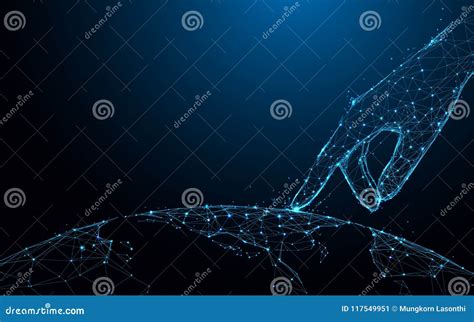 Hand Touch Global Map Form Lines And Triangles Point Connecting Network On Blue Background