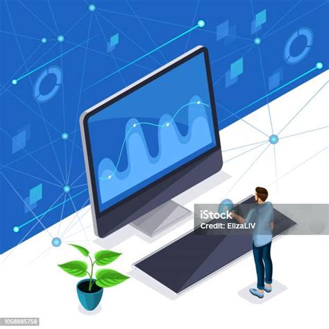 세련 된 옷에 아이소메트릭 남자 관리 가상 스크린 플라즈마 패널 세련 된 남자는 첨단 기술을 사용 하 여 java 프로그래밍