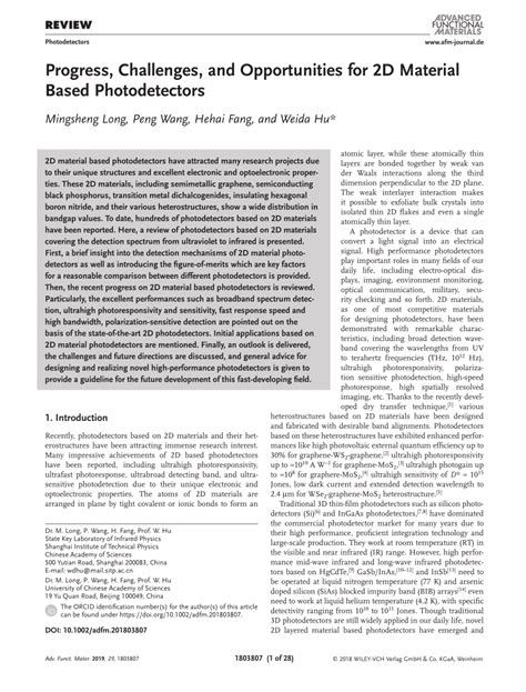 Progress Challenges And Opportunities For 2d Material Based Photodetectors Request Pdf