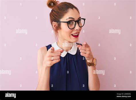 Redhead Woman With Pigtail Wearing Elegant Dress And Glasses Over
