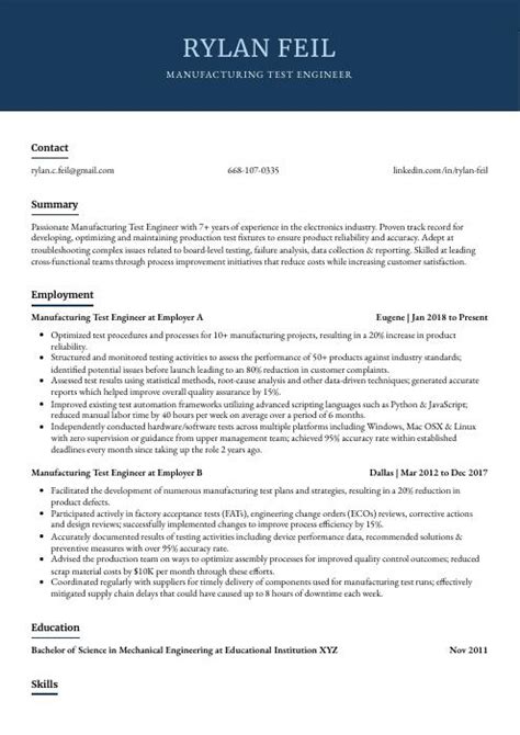 Manufacturing Test Engineer Resume Cv Example And Writing Guide