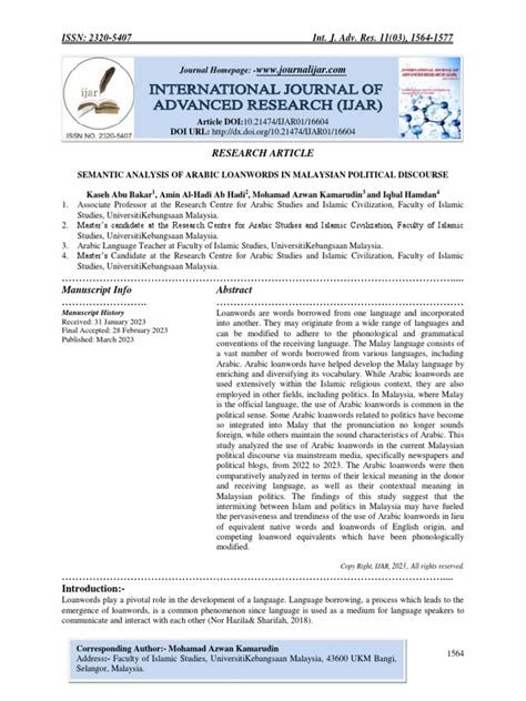 Semantic Analysis Of Arabic Loanwords In Malaysian Political Discourse