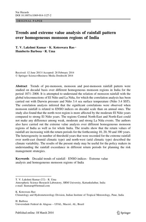 Pdf Trends And Extreme Value Analysis Of Rainfall Pattern Over