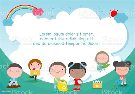 어린이 재활용 광고 브로셔 텍스트 벡터 일러스트 레이 션에 대 한 서식 파일 아이 분리 휴지통 저장 세계 쓰레기 수집 소녀에