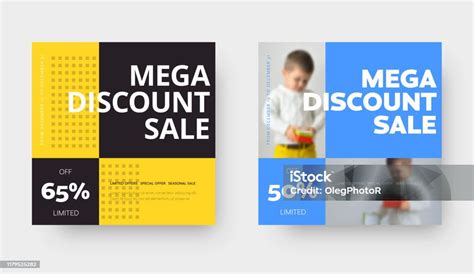 노란색 파란색 검은 색 추상 적 패턴과 아이와 사진 메가 판매 벡터 사각형 배너 디자인 가격에 대한 스톡 벡터 아트 및 기타