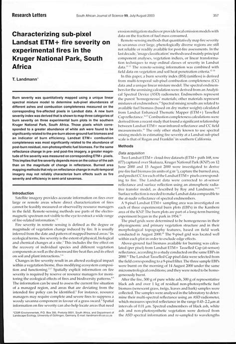 Pdf Characterizing Sub Pixel Landsat Etm Fire Severity On Experimental Fires In The Kruger