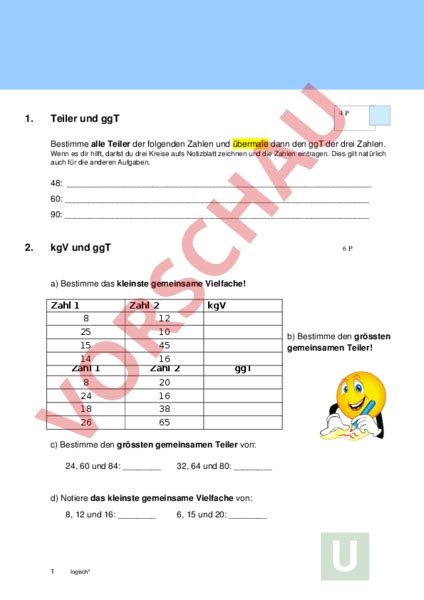 Arbeitsblatt Prüfung Teilbarkeit Kgv Und Ggt Mathematik Anderes Thema